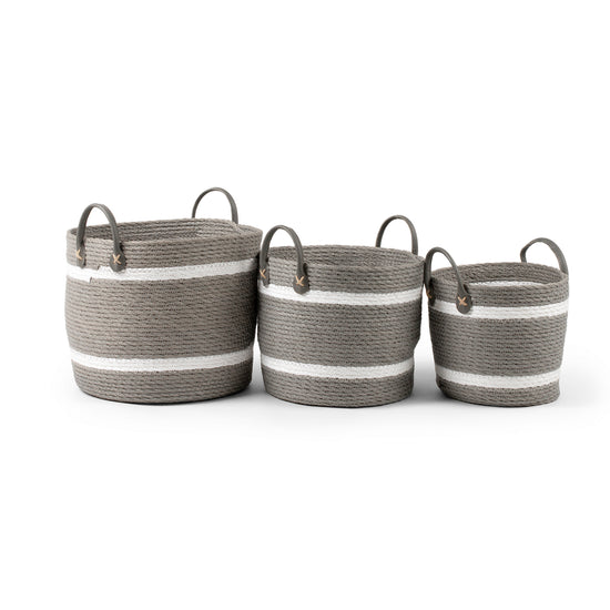 Two-Striped Grey Basket with Leather Handles – Basketly